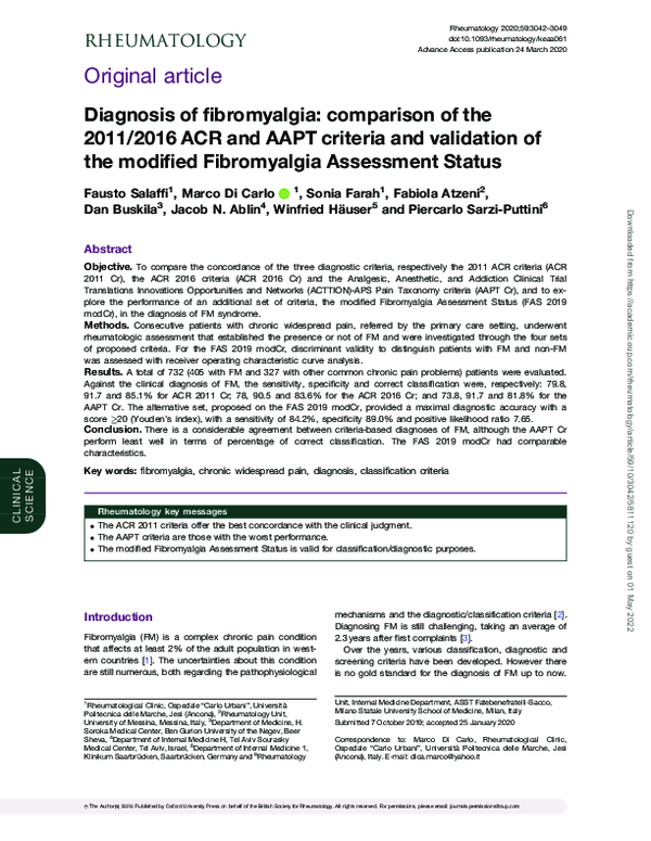 (PDF) Diagnosis of fibromyalgia: comparison of the 2011/2016 ACR and ...