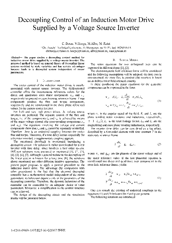 Pdf Decoupling Control Of An Induction Motor Drive Supplied By A Voltage Source Inverter