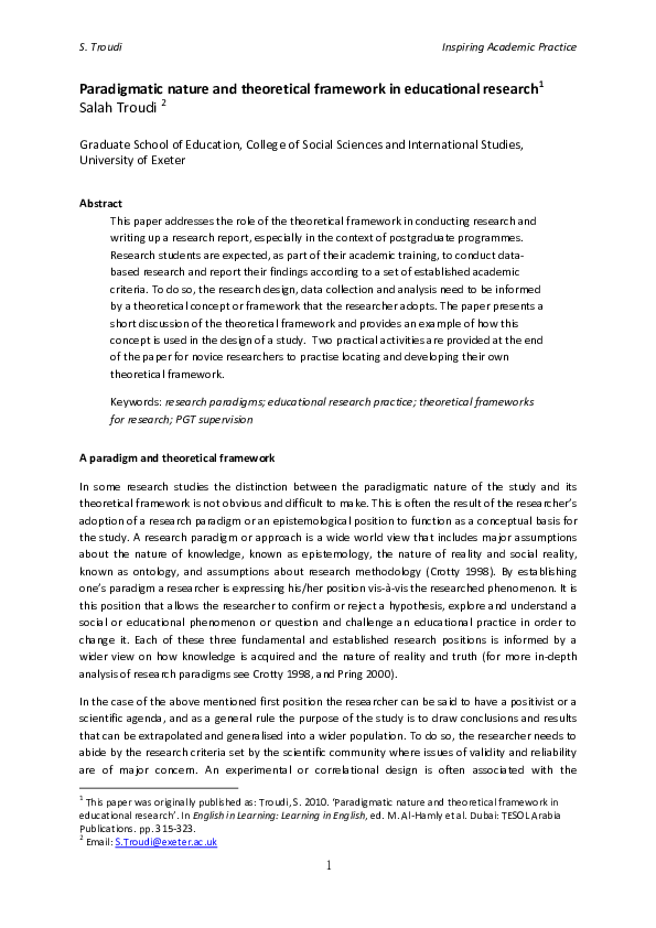 (PDF) Paradigmatic nature and theoretical framework in educational research
