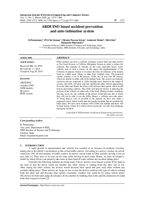 Pdf Arduino Based Accident Prevention And Auto Intimation System