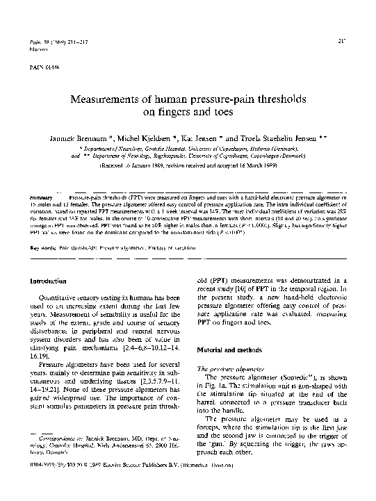 (PDF) Measurements of human pressure-pain thresholds on fingers and toes