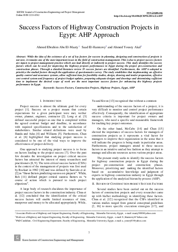 (PDF) Success Factors of Highway Construction Projects in Egypt: AHP ...