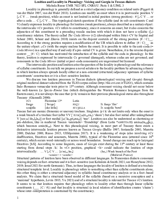 (PDF) Lenition and Locality in Phonology: Voicing and Gorgia in Tuscan ...