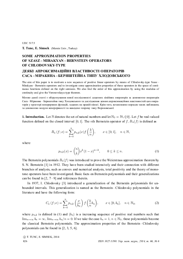 (PDF) Some Approximation Properties of Szasz–Mirakyan–Bernstein Operators of the Chlodovsky Type