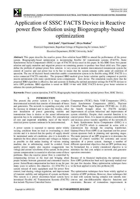 Pdf Application Of Sssc Facts Device In Reactive Power Flow Solution Using Biogeography Based