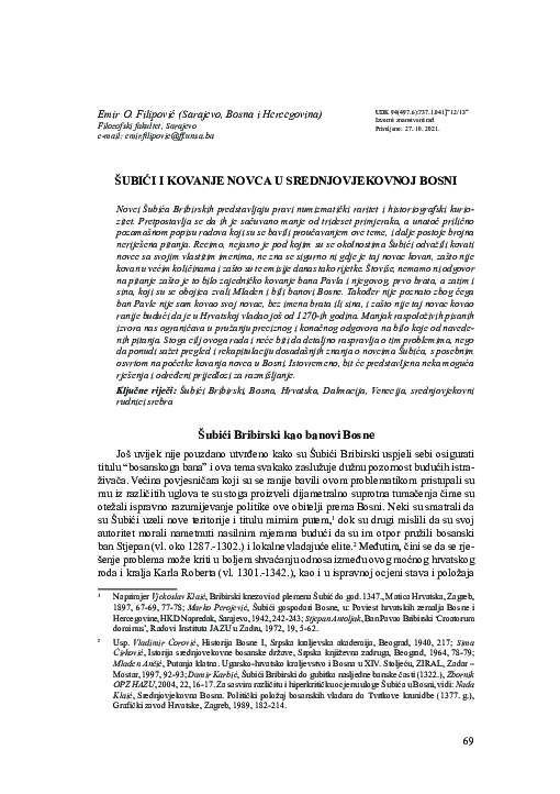 (PDF) Šubići i kovanje novca u srednjovjekovnoj Bosni | Emir O. Filipović - Academia.edu