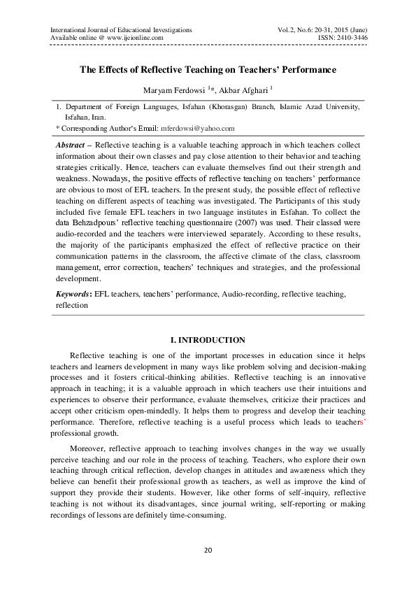 (PDF) The Effects of Reflective Teaching on Teachers’ Performance