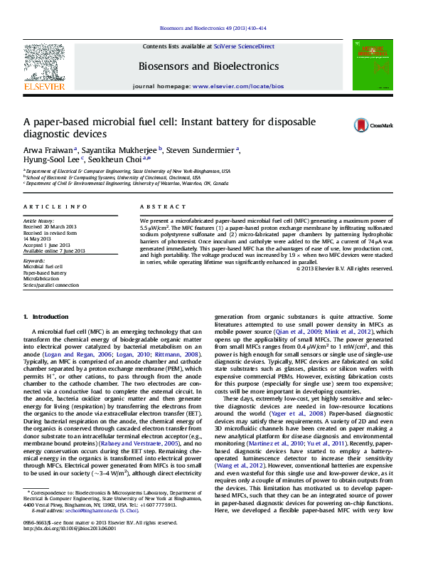 (PDF) A paper-based microbial fuel cell: Instant battery for disposable ...