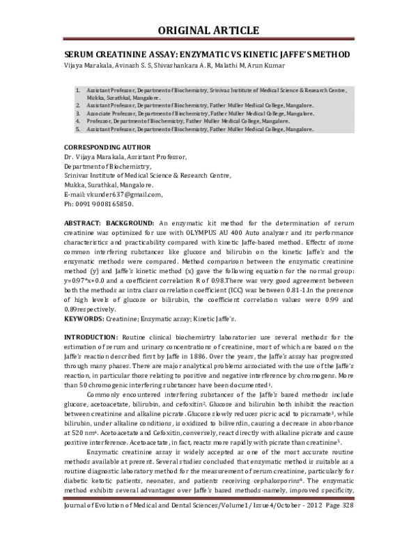 (PDF) SERUM CREATININE ASSAY: ENZYMATIC VS KINETIC JAFFE'S METHOD