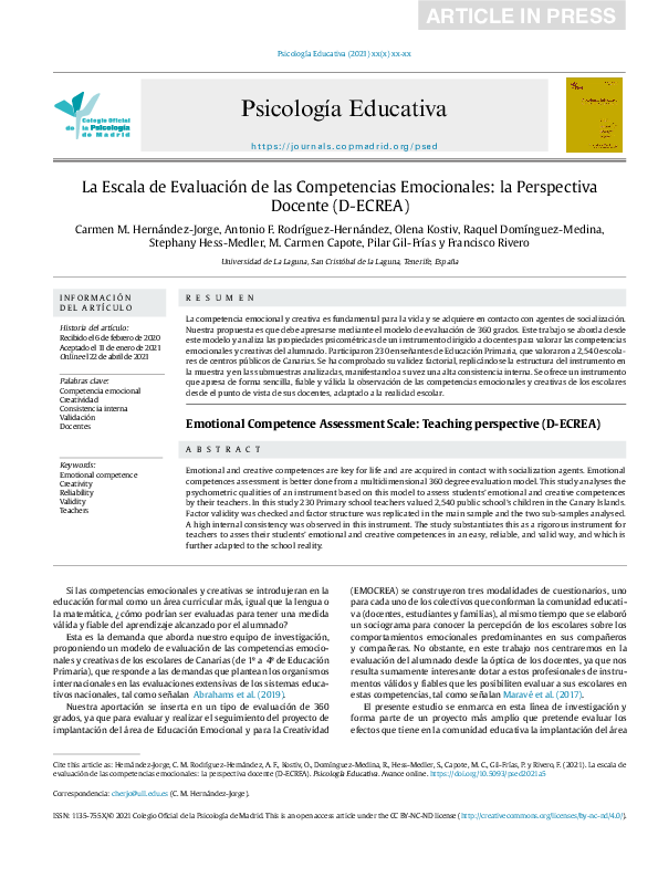 (PDF) La Escala de Evaluación de las Competencias Emocionales: la Perspectiva Docente (D-ECREA)