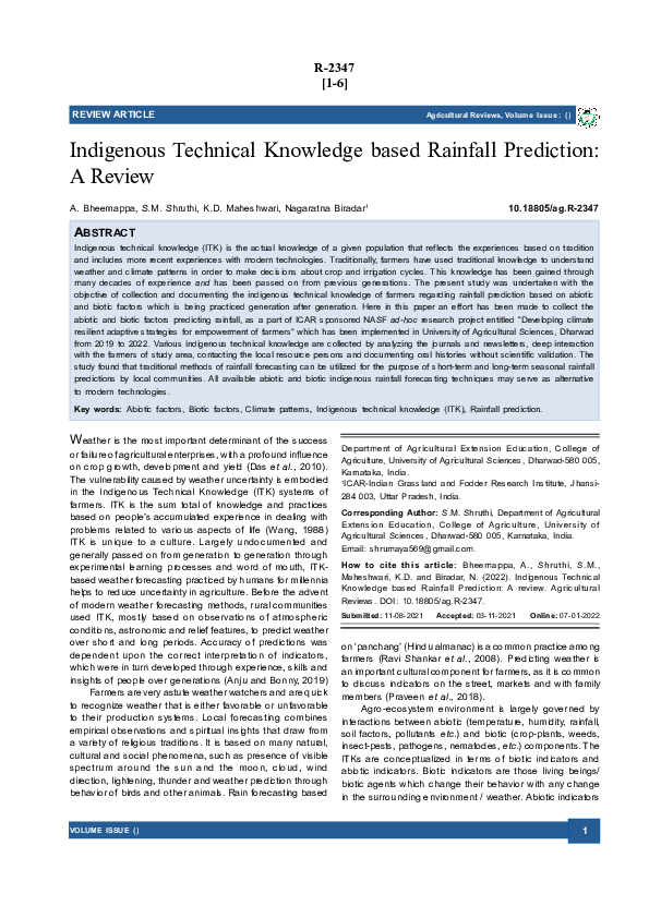 (PDF) Indigenous Technical Knowledge based Rainfall Prediction: A Review