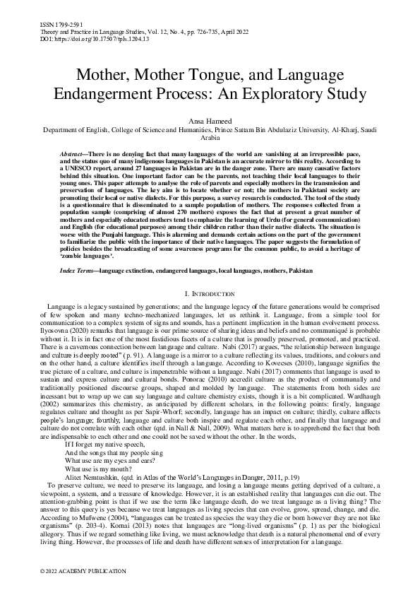 (PDF) Mother, Mother Tongue, and Language Endangerment Process: An ...