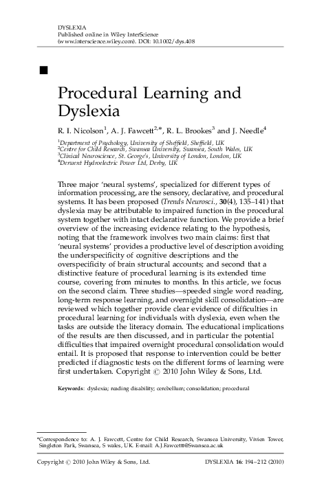 (PDF) Procedural learning and dyslexia | R. Nicolson - Academia.edu