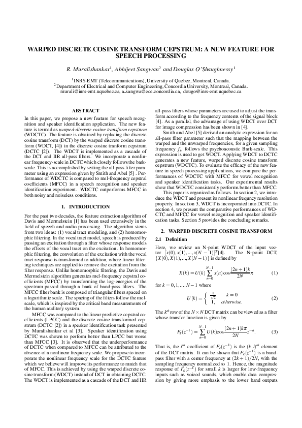 (PDF) Warped discrete cosine transform cepstrum: A new feature for ...