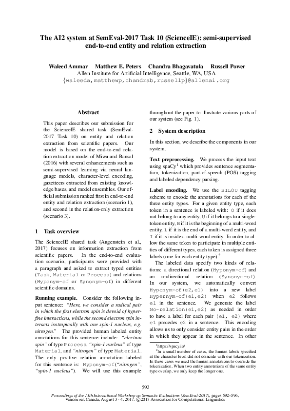 Pdf The Ai2 System At Semeval 2017 Task 10 Scienceie Semi Supervised End To End Entity And