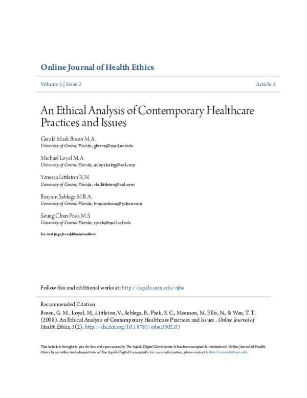 (PDF) An Ethical Analysis of Contemporary Healthcare Practices and Issues