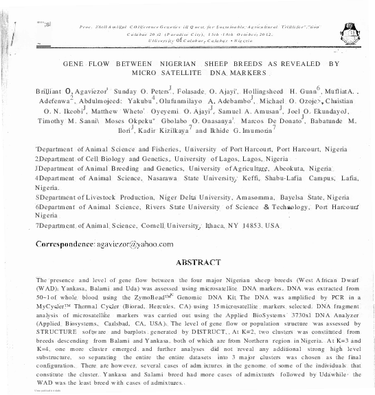 (PDF) GENE FLOW BETWEEN NIGERIAN SHEEP BREEDS AS REVEALED BY MICRO ...