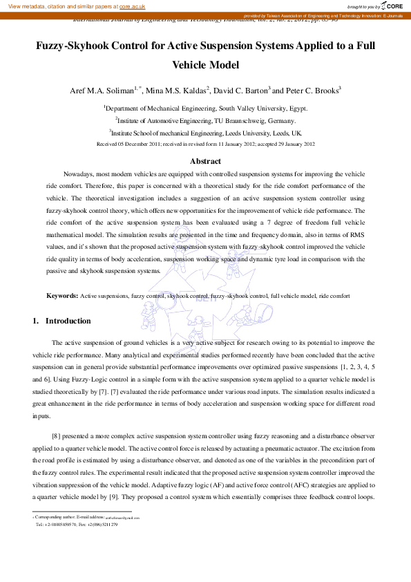 (PDF) Fuzzy-Skyhook Control for Active Suspension Systems Applied to a Full Vehicle Model