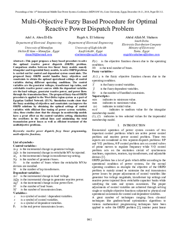 (PDF) Multi-Objective Fuzzy Based Procedure for Optimal Reactive Power Dispatch Problem