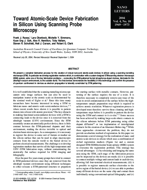 Pdf Toward Atomic Scale Device Fabrication In Silicon Using Scanning Probe Microscopy