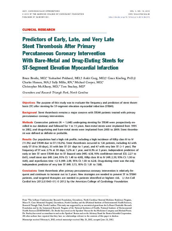 (PDF) Predictors of Early, Late, and Very Late Stent Thrombosis After ...