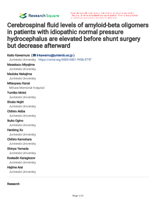 (PDF) Cerebrospinal fluid levels of amyloid-beta oligomers in patients with idiopathic normal ...