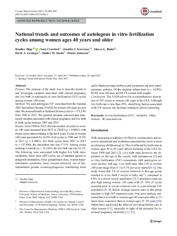(PDF) National trends and outcomes of autologous in vitro fertilization ...