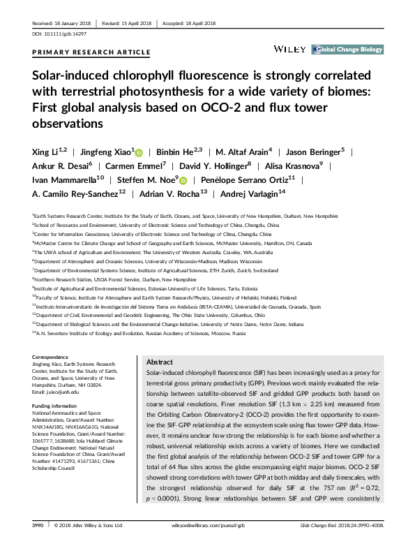 (PDF) Solar-induced chlorophyll fluorescence is strongly correlated ...