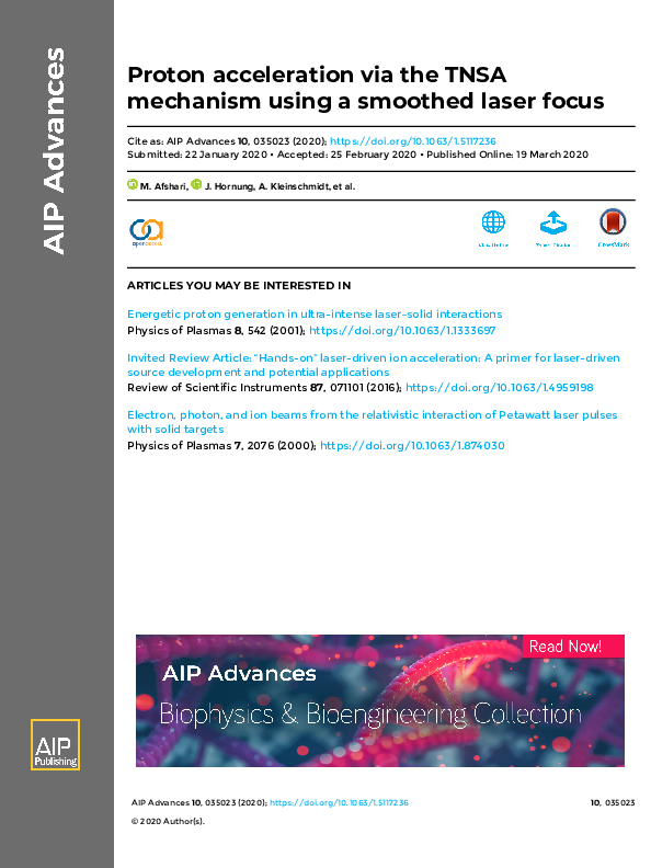 (PDF) Proton acceleration via the TNSA mechanism using a smoothed laser ...