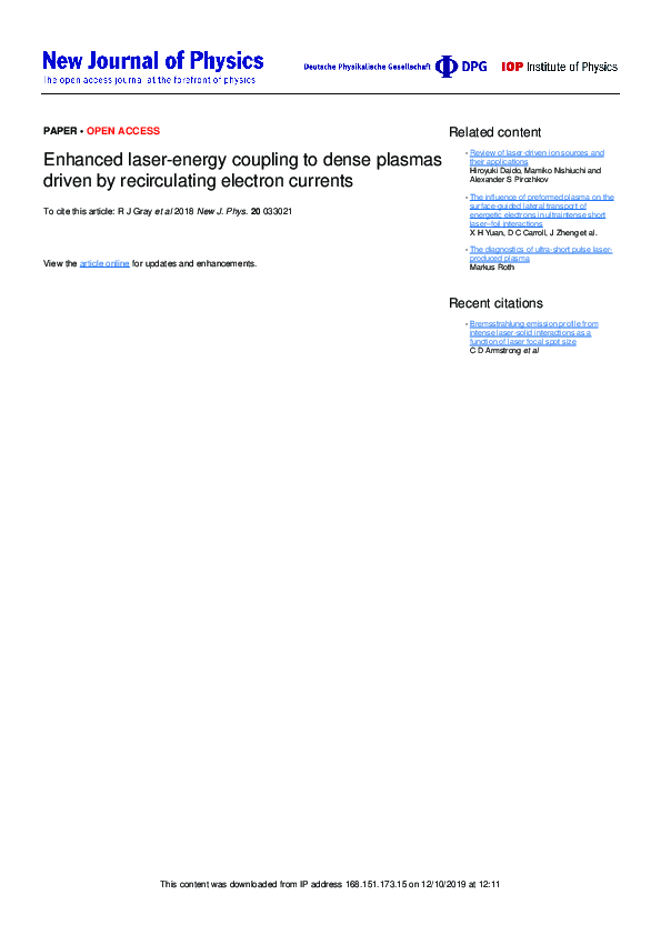 (PDF) Enhanced laser-energy coupling to dense plasmas driven by ...