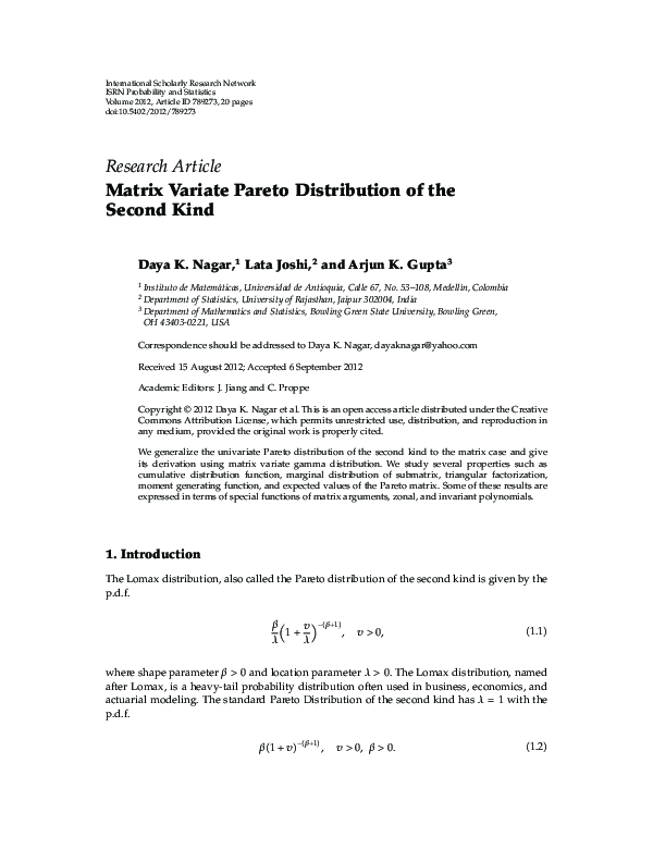 (PDF) Matrix Variate Pareto Distribution: Generalization & Properties