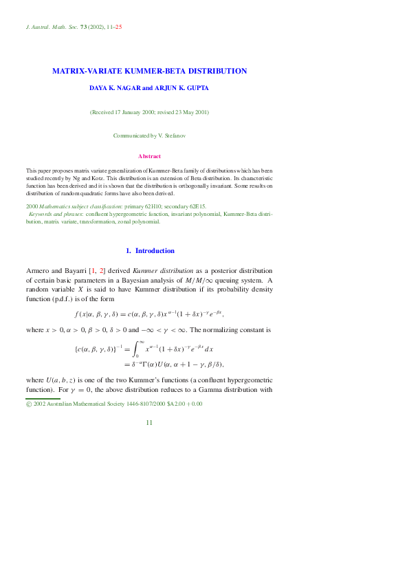 (PDF) Matrix-variate Kummer-Beta distribution | Daya Nagar - Academia.edu