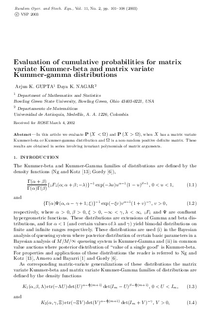 (PDF) Evaluation of cumulative probabilities for matrix variate Kummer-beta and matrix variate ...