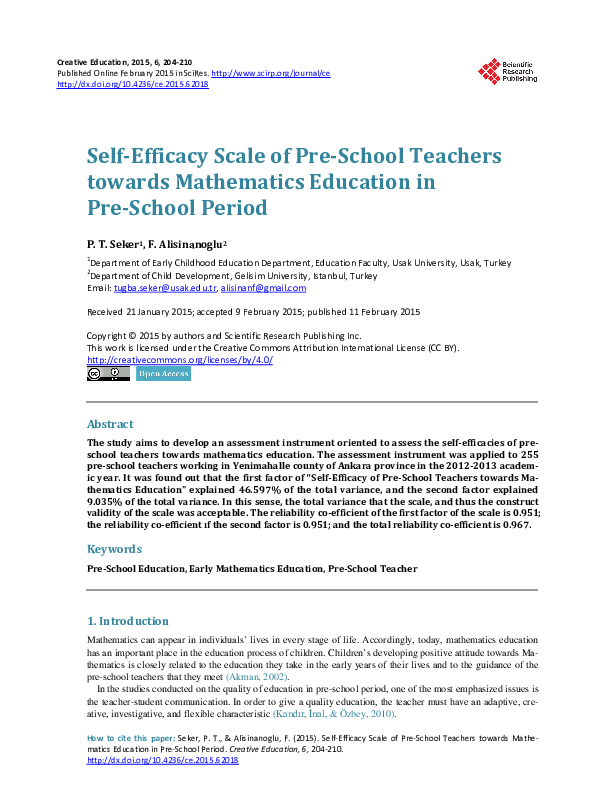(PDF) Self-Efficacy Scale of Pre-School Teachers towards Mathematics ...