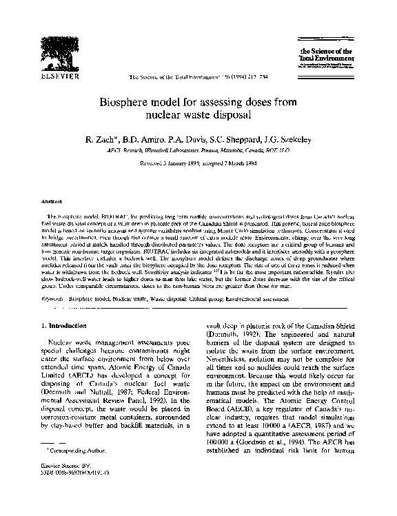 (PDF) Biosphere model for assessing doses from nuclear waste disposal