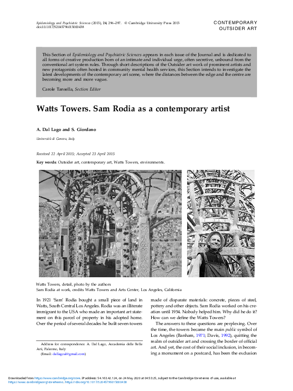 (PDF) Watts Towers. Sam Rodia as a contemporary artist | Serena ...