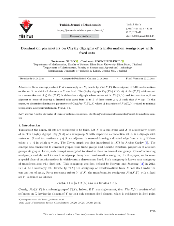 (PDF) Domination parameters on Cayley digraphs of transformation semigroups with fixed sets