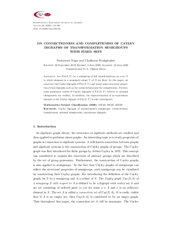 (PDF) On Connectedness and Completeness of Cayley Digraphs of Transformation Semigroups with ...