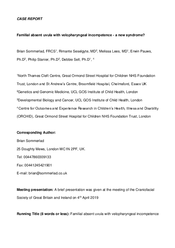 (PDF) Familial Absent Uvula With Velopharyngeal Incompetence—A New ...