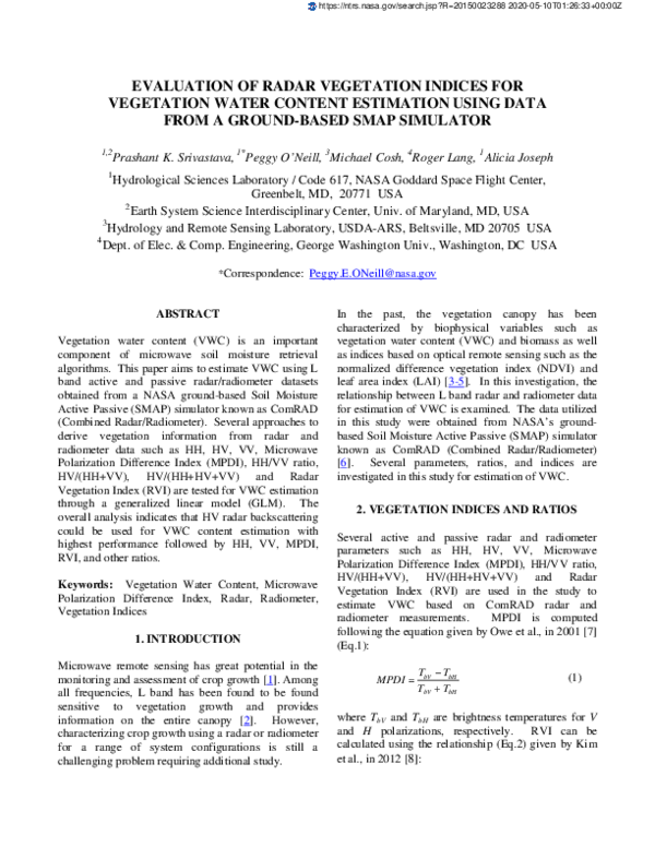 (PDF) Evaluation of radar vegetation indices for vegetation water ...