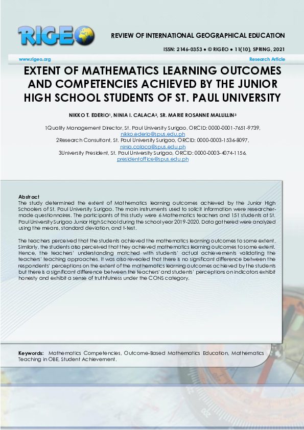 (PDF) Extent of Mathematics Learning Outcomes and Competencies Achieved ...