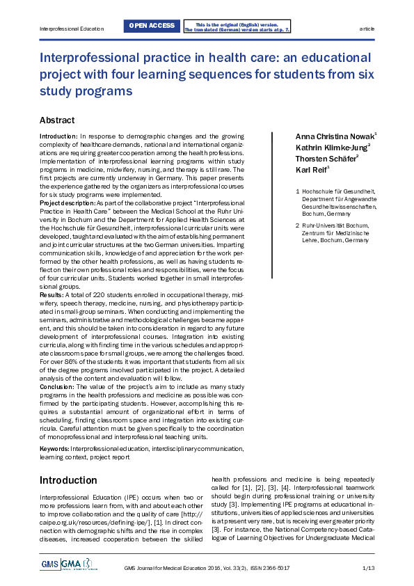 (PDF) Interprofessional practice in health care: an educational project ...