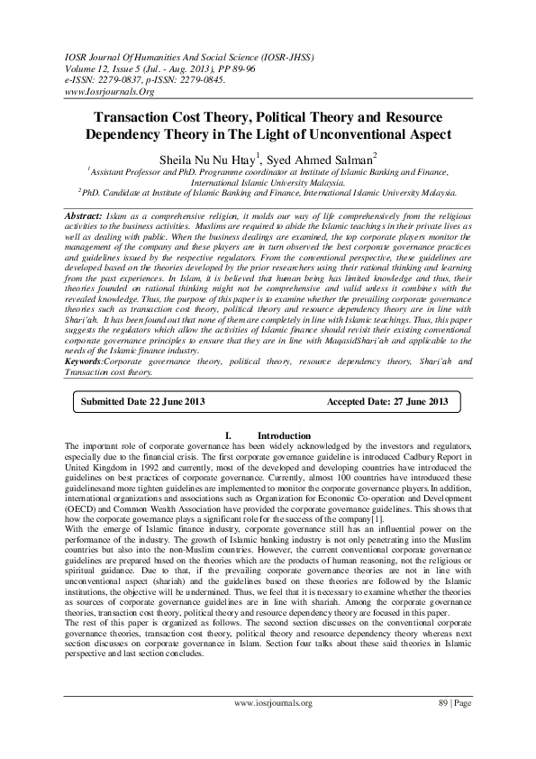 (PDF) Transaction Cost Theory, Political Theory and Resource Dependency ...