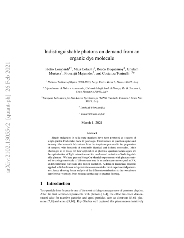 (PDF) Indistinguishable photons on demand from an organic dye molecule