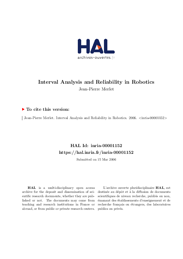 (PDF) Interval analysis and reliability in robotics