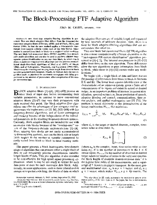 (PDF) The block-processing FTF adaptive algorithm