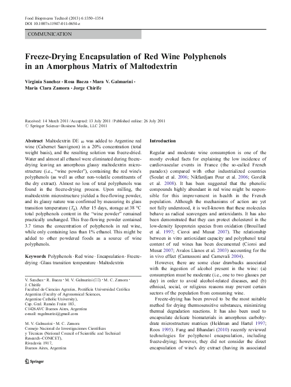Pdf Freeze Drying Encapsulation Of Red Wine Polyphenols In An Amorphous Matrix Of Maltodextrin