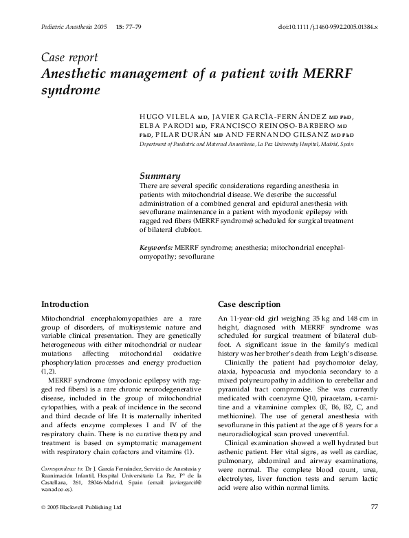 (PDF) Anesthetic management of a patient with MERRF syndrome