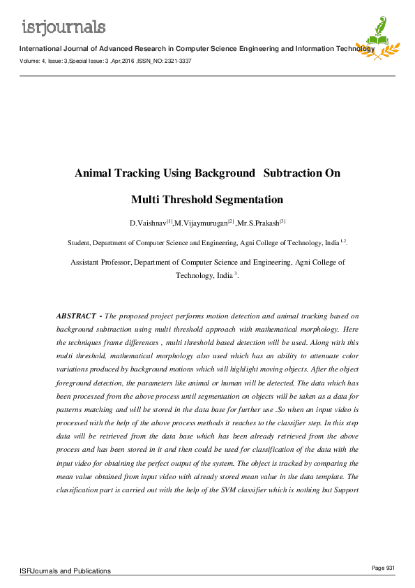 (PDF) Animal tracking using background subtraction on multi threshold ...