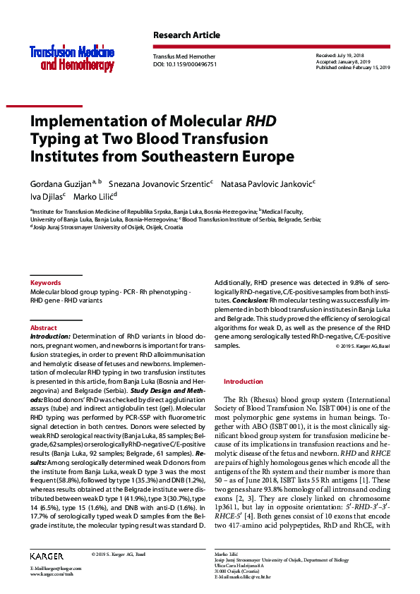 (PDF) Implementation of Molecular RHD Typing at Two Blood Transfusion ...